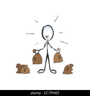 Hand drawn stickman with money bags with dollar sign speech bubble ...