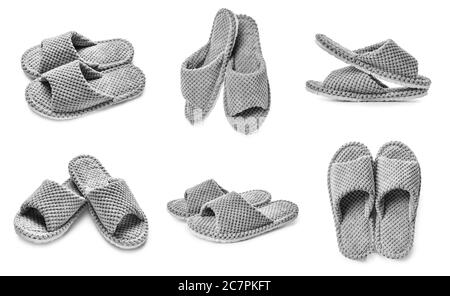 Collage with fluffy slippers on white background. Banner design Stock ...