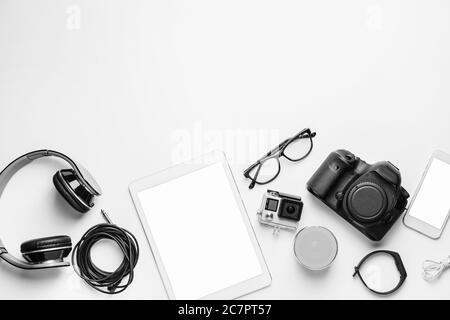 Different modern devices on white background Stock Photo - Alamy