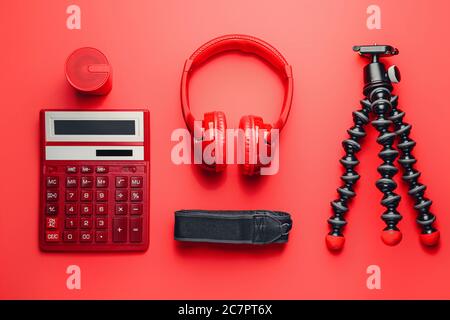 Different modern devices on color background Stock Photo - Alamy