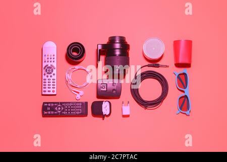 Different modern devices on color background Stock Photo - Alamy