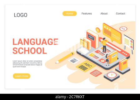 Language school isometric landing page. Isometric character learning ...
