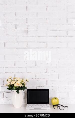 Laptop template isolated on brick background. Mockup, design Stock ...