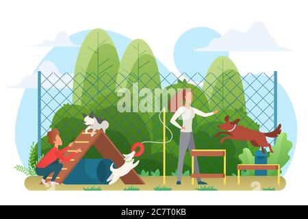 Vector illustration Man training his dog on agility field. Playing ...