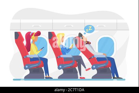 People travel by airplane in economy class. Vector flat cartoon ...