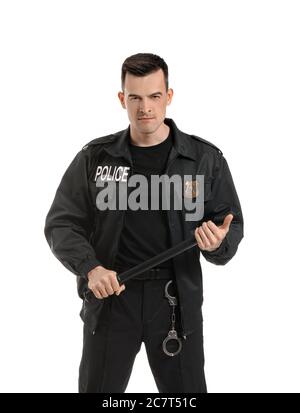 Aggressive police officer with baton on white background Stock Photo ...