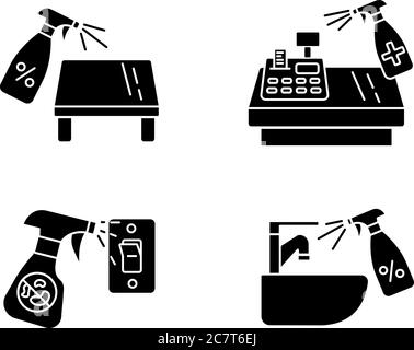 Decontamination black glyph icons set on white space. Professional ...