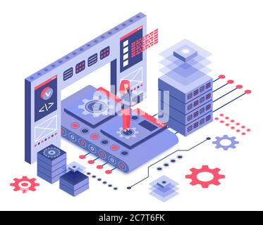 Information technology server engineer 3D vector concept. Isometric servers, cloud storage ...