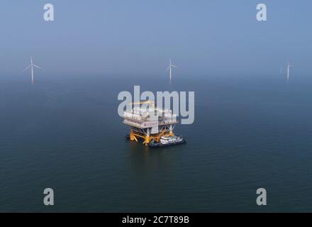 An aerial photo shows the Offshore wind farm Alpha Ventus in the North ...