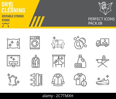 Dry cleaning linear icons set. Stain, Fabric, Garment, Pressing ...