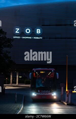 MUNICH, GERMANY - Jun 30, 2020: Illuminated ATM during the dark evening ...
