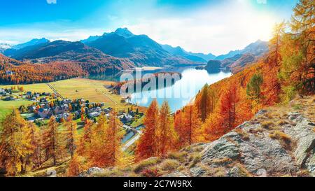 Astonishing autumn panorama over Sils im Engadin (Segl) village and ...