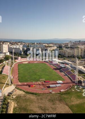 Aerial view of football field with track around it Stock Photo - Alamy