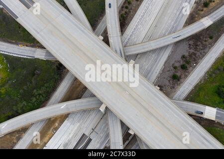 Aerial view of freeway interchange in Los Angeles looking like cemented ...