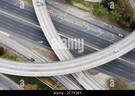 Aerial view of an empty 91 freeway and I-605 interchange in Cerritos ...