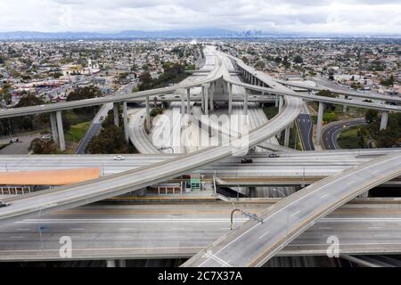 Aerial of Los Angeles 110 and 105 freeway interchange ramps and bridges ...