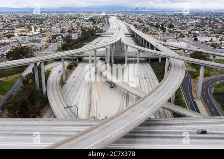 Aerial of Los Angeles 110 and 105 freeway interchange ramps and bridges ...