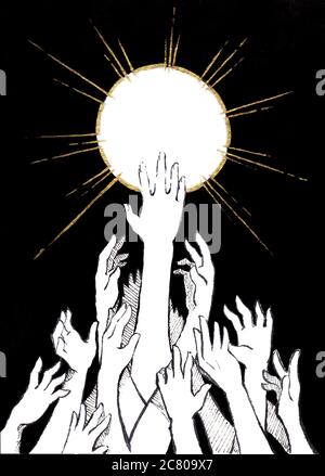 Golden human hand print black background isolated close up, shiny gold ...