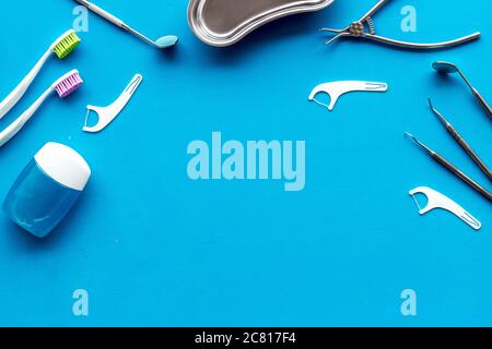 Pattern of dentist equipment. Tools, toothbrushes, dental floss flat ...