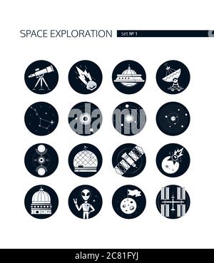 Space colonization color set with exploration symbols isometric ...
