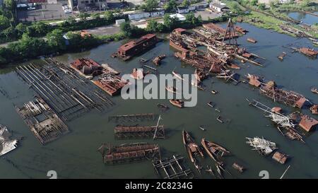 Ships decaying at the Arthur Kill Ship graveyard along the Arthur Kill ...