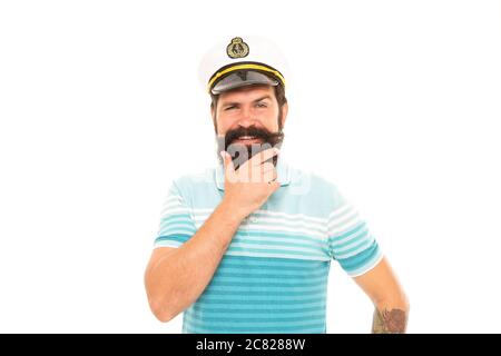Beard sailor man sailing sea ocean in a boat with captain cap looking ...