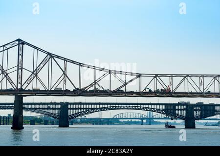 Three bridges cross the Mississippi River at St Louis Missouri MO with ...