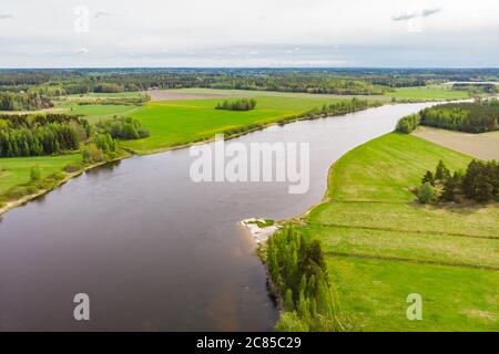 Aerial panoramic view of rapid Susikoski at river Kymijoki, Finland ...