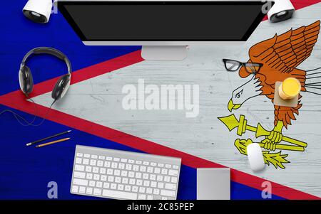 Samoa flag background with headphone,computer keyboard and mouse on ...