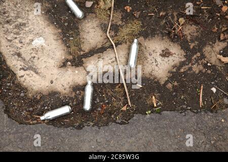 Manchester England 8 July 2020. Empty Nitrous oxide canister aka ...