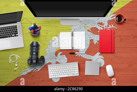 Bhutan flag background with headphone,computer keyboard and mouse on ...