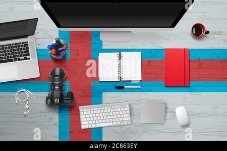 Faroe Islands flag background with headphone,computer keyboard and ...