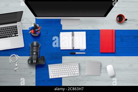 Finland flag background with headphone,computer keyboard and mouse on ...