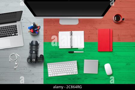 Madagascar flag background with headphone,computer keyboard and mouse ...