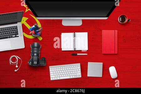 Soviet Union flag background with headphone,computer keyboard and mouse ...