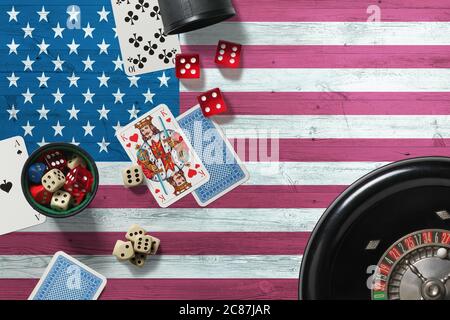 poker chips, usa flag on blackjack table Stock Photo - Alamy