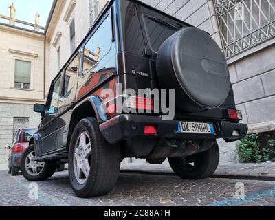 Black Mercedes Benz 4x4 classic jeep G class parked in the street Stock ...