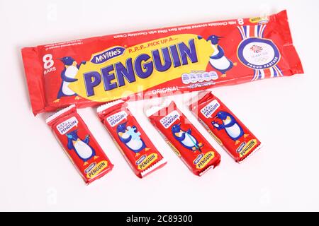 McVities Penguin Chocolate Biscuit Bars on white Stock Photo - Alamy