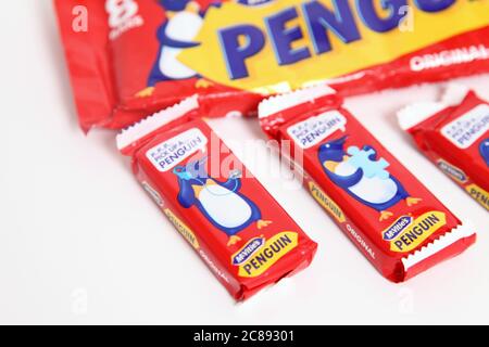 McVities Penguin Chocolate Biscuit Bars on white Stock Photo - Alamy