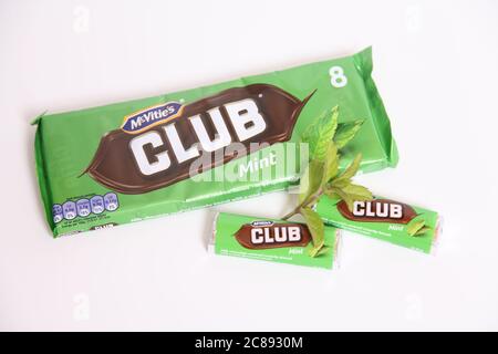 McVities Club Chocolate Bars, Mint flavour Club biscuit, on white with ...