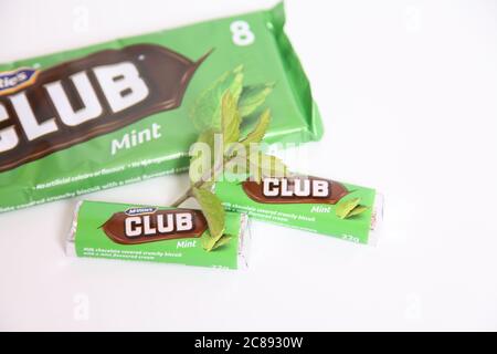 McVities Club Chocolate Bars, Mint flavour Club biscuit, on white Stock ...