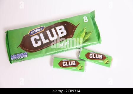 McVities Club Chocolate Bars, Mint flavour Club biscuit, on white with ...