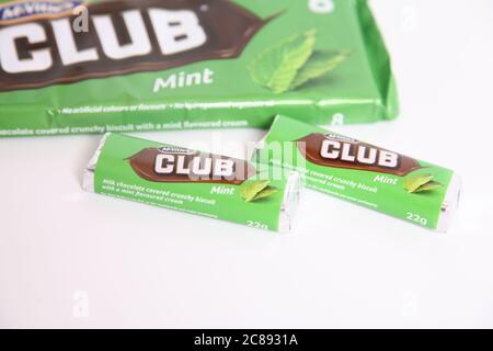 McVities Club Chocolate Bars, Mint flavour Club biscuit, on white with ...