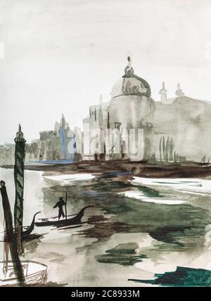 Watercolor drawing of Venice: gondolier on moored gondola traditional ...