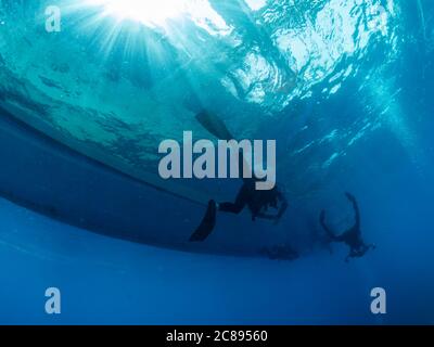 scuba diver ascending into the tropical waters around Komodo Stock ...
