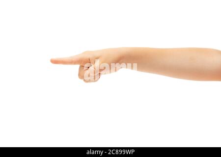 Pointing. Children's hand, palm gesturing isolated on white studio ...