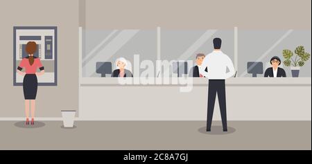 Bank office interior with atm, cash box, staff desk and reception ...