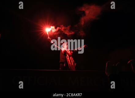 Liverpool fans with flares following their trophy presentation at ...