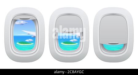 Open airplane window with sea view. Passenger sitting near window ...