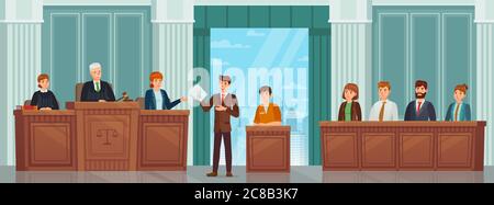 Court room. Judge in courtroom police officer characters of jury inside ...